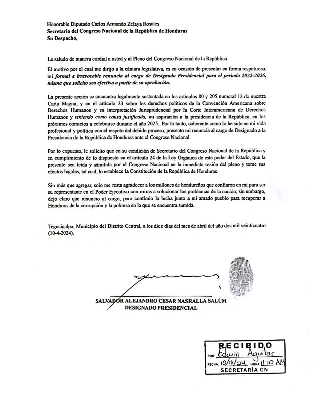 Nasralla presenta su renuncia como designado presidencial al Congreso ...