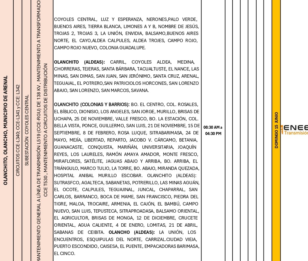 Cortes de energía programados para este domingo en Honduras