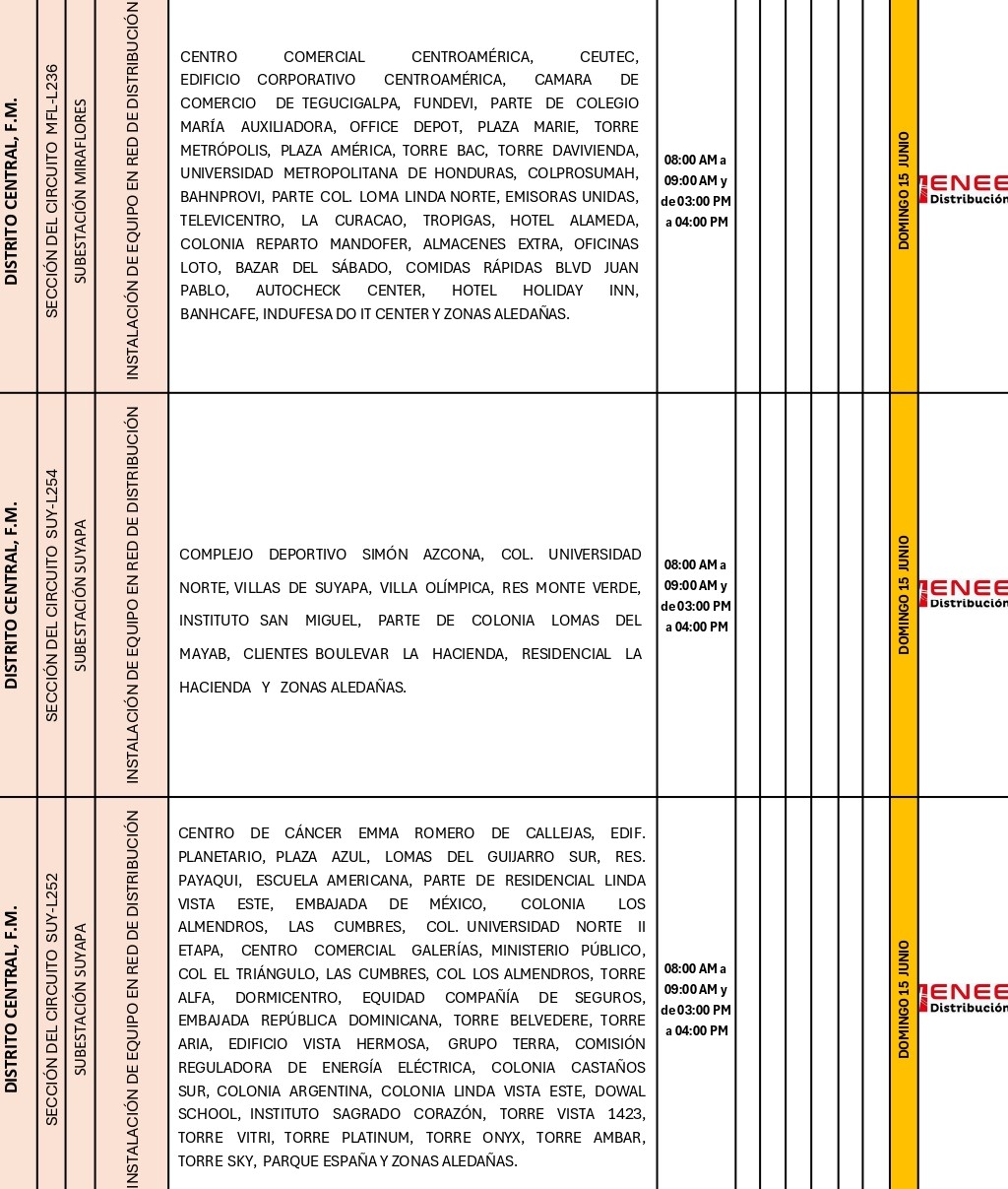 Cortes de energía programados para este domingo en Honduras