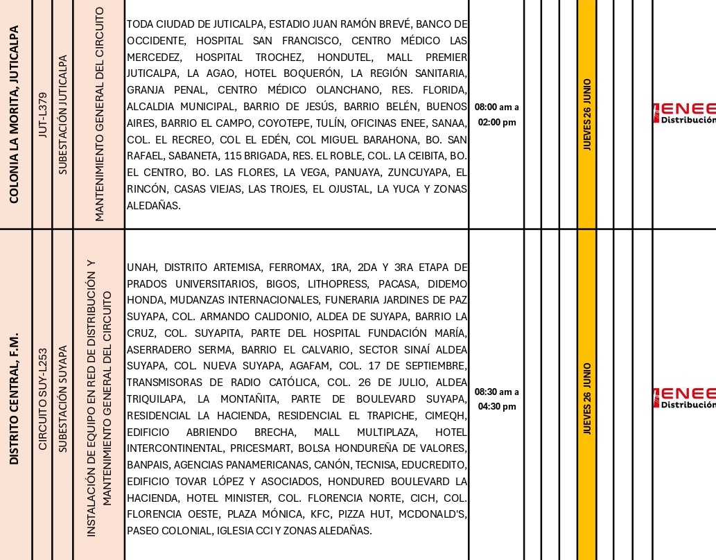 Cortes de energía programados para este jueves en Honduras