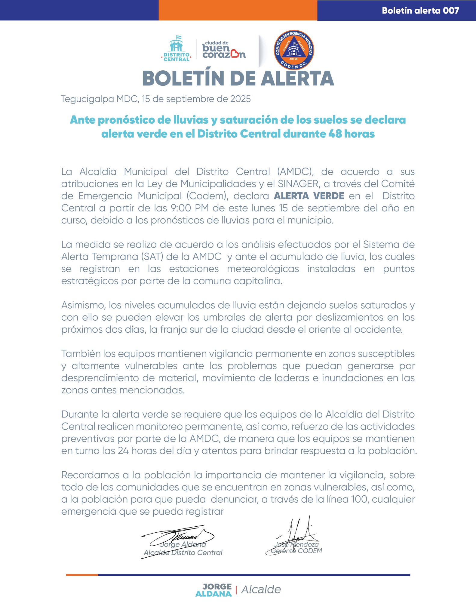 AMDC declara alerta verde durante 48 horas