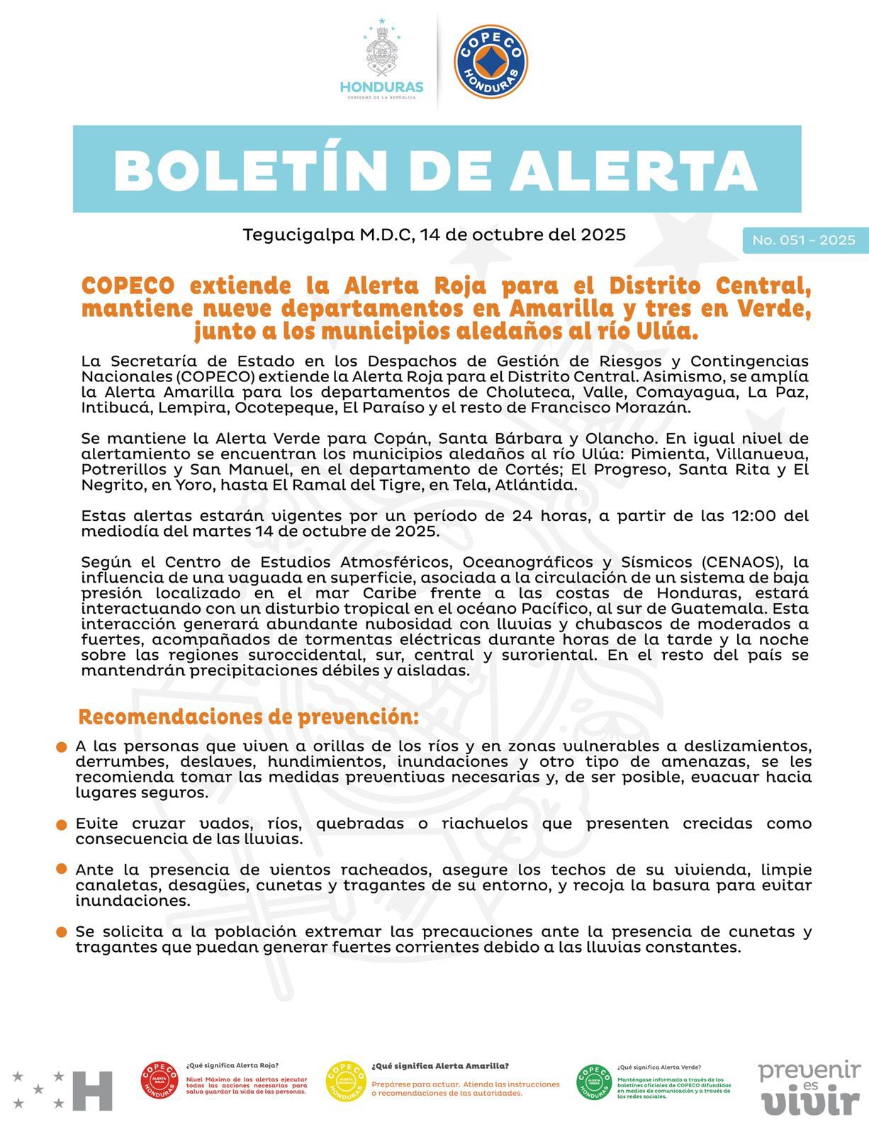 Copeco extiende alerta roja para el Distrito Central