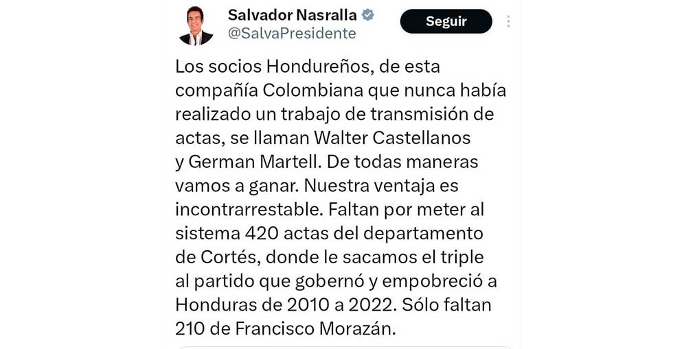 Nasralla: Faltan 420 actas de Cortés por escrutar