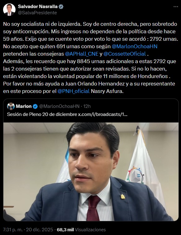 Nasralla: "Exijo que se cuente voto por voto lo que se acordó: 2792 urnas"