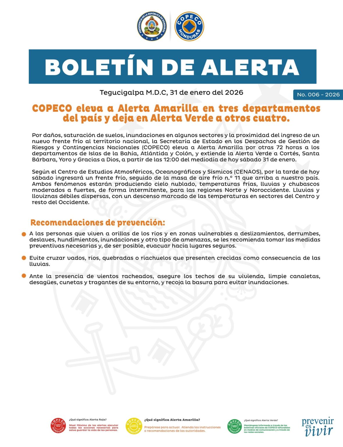 Copeco declara Alerta Amarilla en tres departamentos y Verde en otros ...