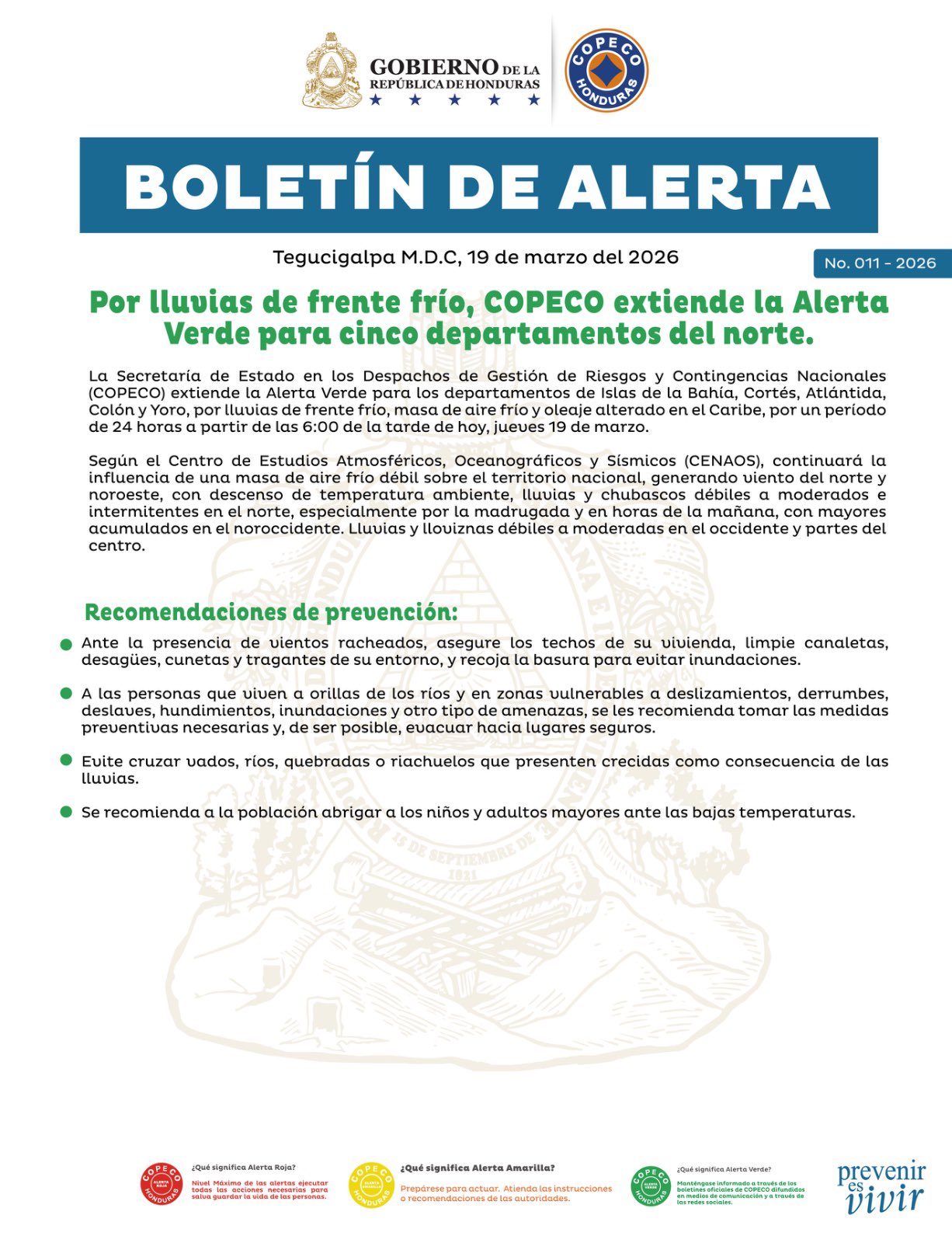 Copeco extiende Alerta Verde por 24 horas en cinco departamentos de la ...
