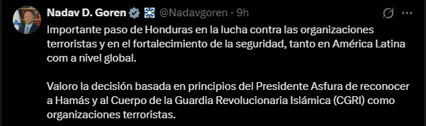 Embajador de Israel destaca decisión de Honduras sobre Hamás y CGRI