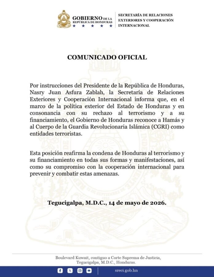 Gobierno de Honduras declara terroristas a Hamás y CGRI