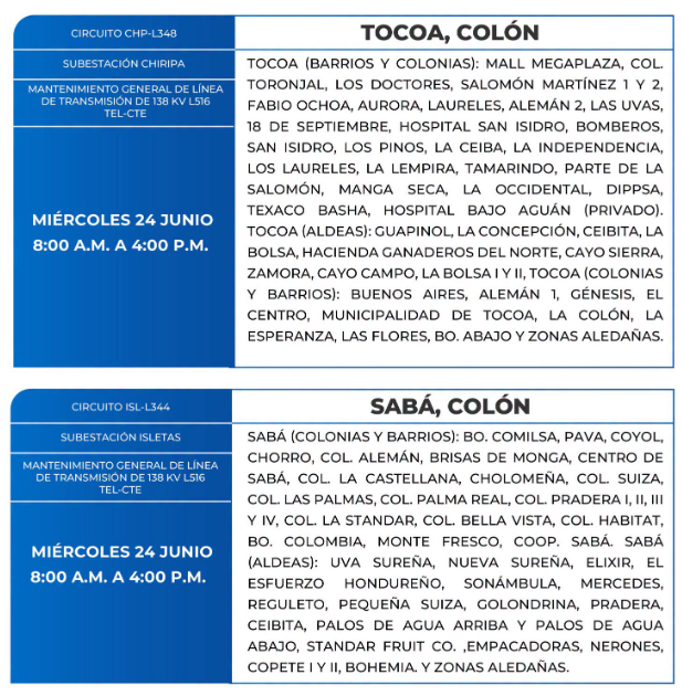 Cortes de energía programados para este miércoles 24 de junio