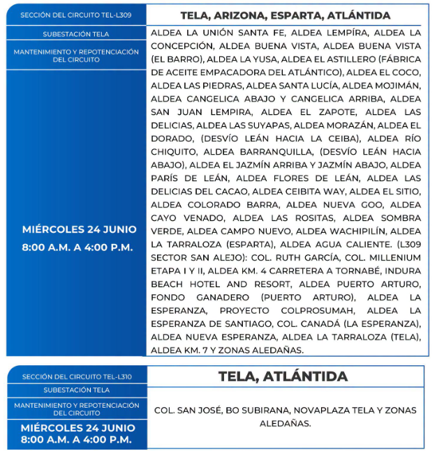 Cortes de energía programados para este miércoles 24 de junio
