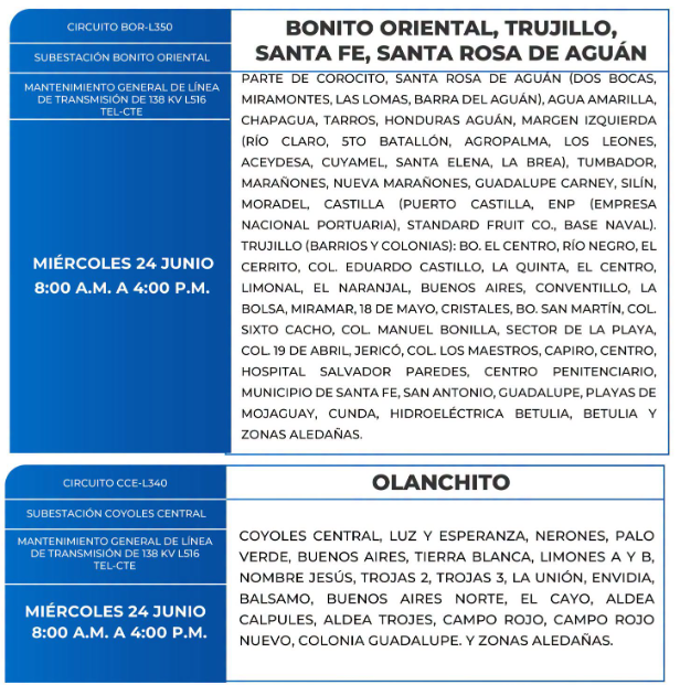 Cortes de energía programados para este miércoles 24 de junio