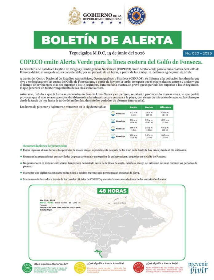 Copeco declara Alerta Verde por 48 horas en la costa del Golfo de Fonseca