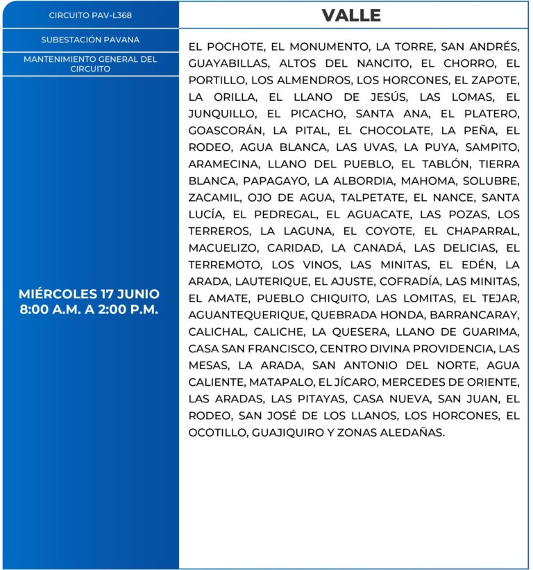 Cortes de energía programados para este miércoles 17 de junio