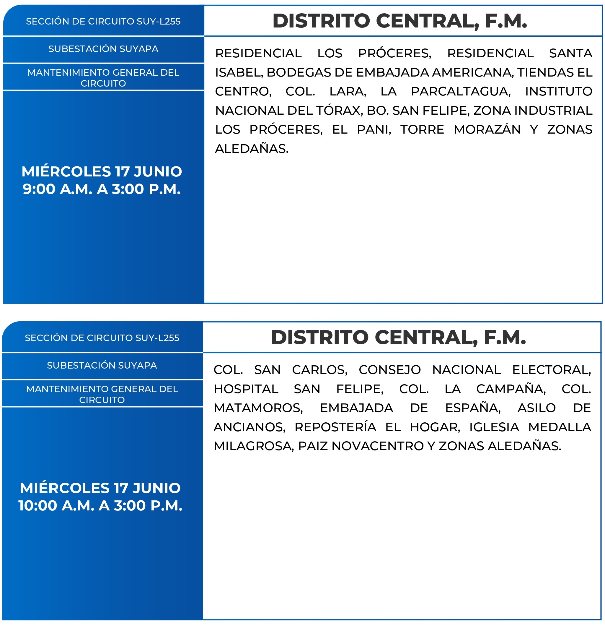 Cortes de energía programados para este miércoles 17 de junio