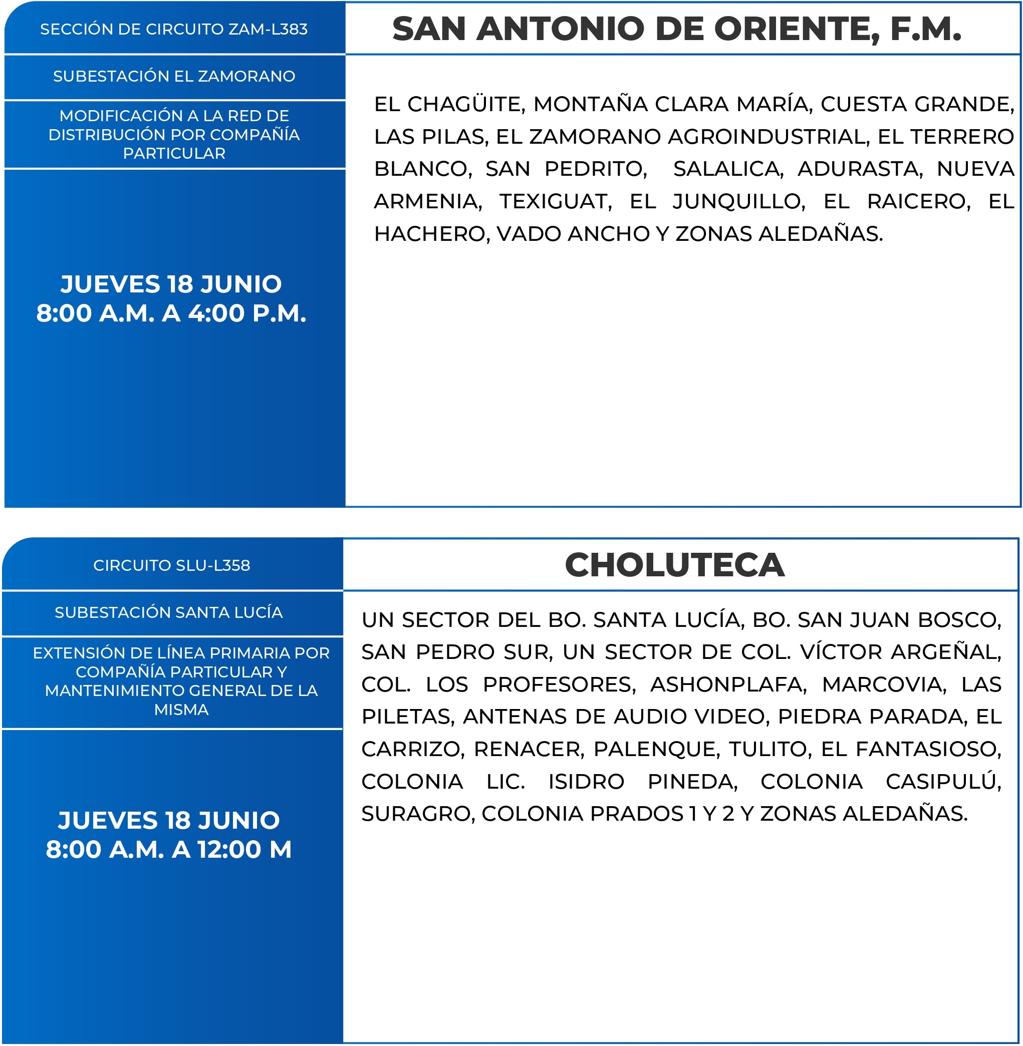 Cortes de energía programados para este jueves 18 de junio