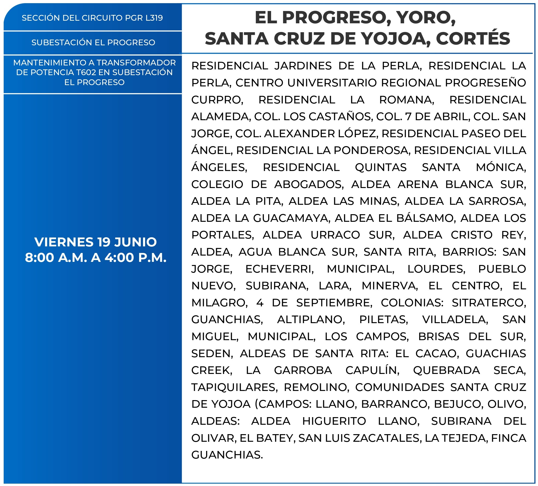 Cortes de energía programados para este viernes 19 de junio