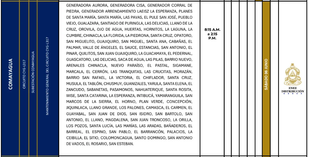 ENEE anuncia cortes de energía para este sábado 6 de junio en tres ...
