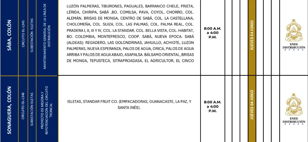 ENEE anuncia cortes de energía programados para este jueves